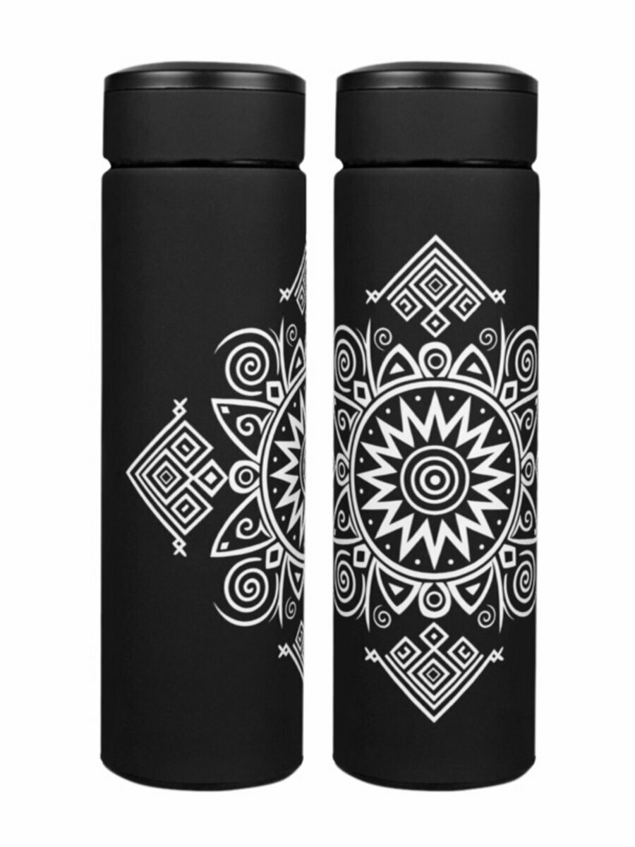 Термос «Солнце. Славянский узор, абстракция, оберег» (черный)