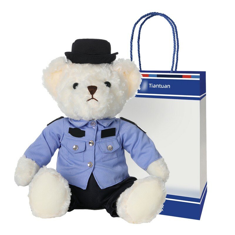 Полицейская медвежья кукла в сидячем синем рубашечном стиле, 25 см, синяя флисовая ткань, женский, классический костюм