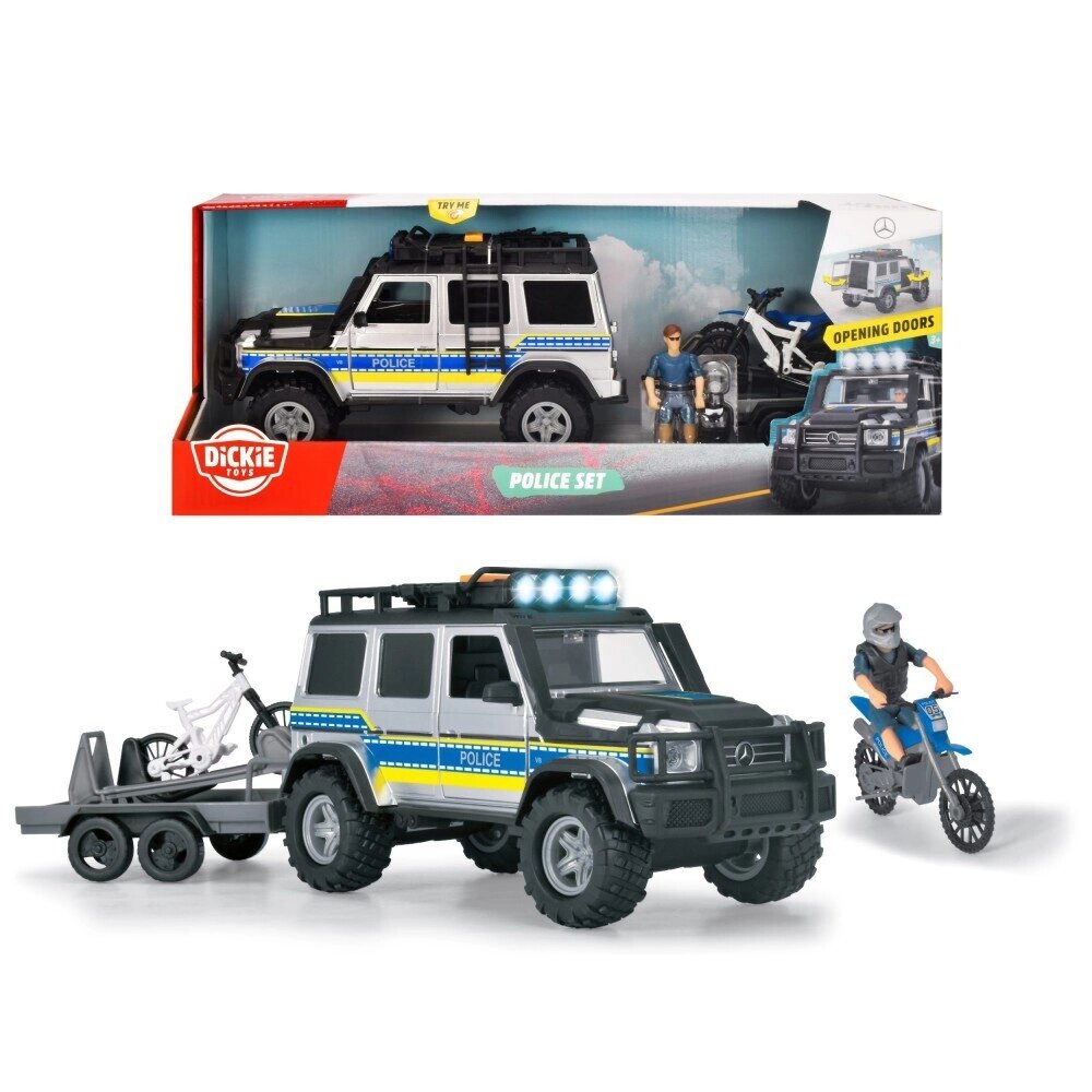 Полицейский джип с прицепом, мотоцикл и велосипед