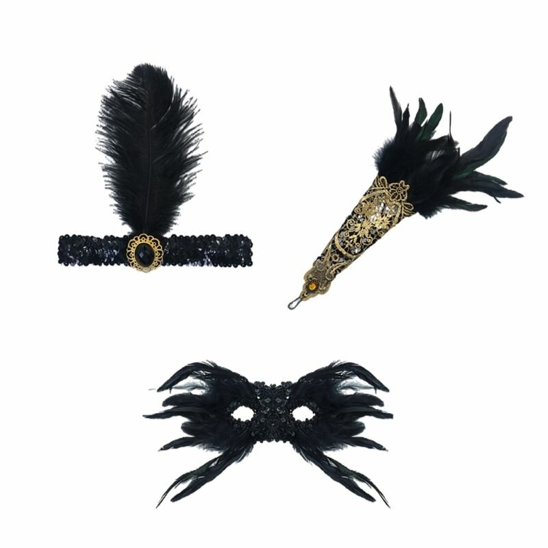 1 набор из 3 частей, готических масок на половину лица с перьями-A