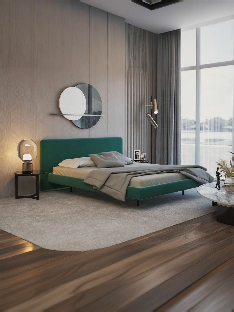 Двуспальная кровать "Палермо" 180х200см без подъемного механизма и ящика для белья из микровелюра Фиеста малахит