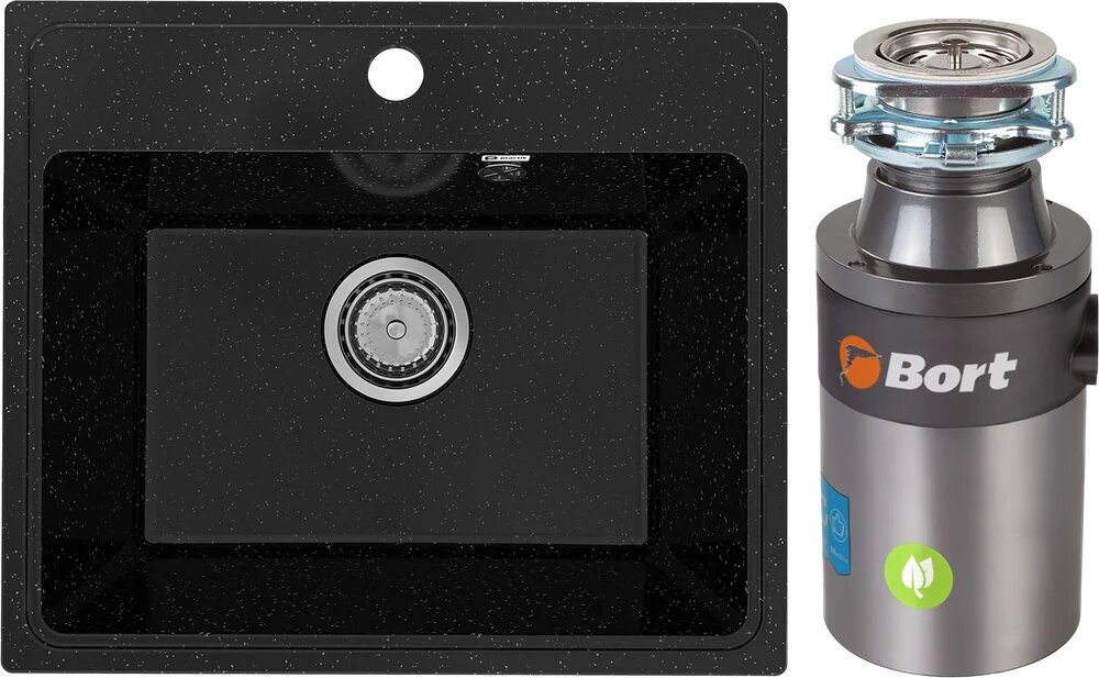 Комплект Мойка Practik PR-M 490-004, черный оникс / Измельчитель Bort Titan 4000 Control