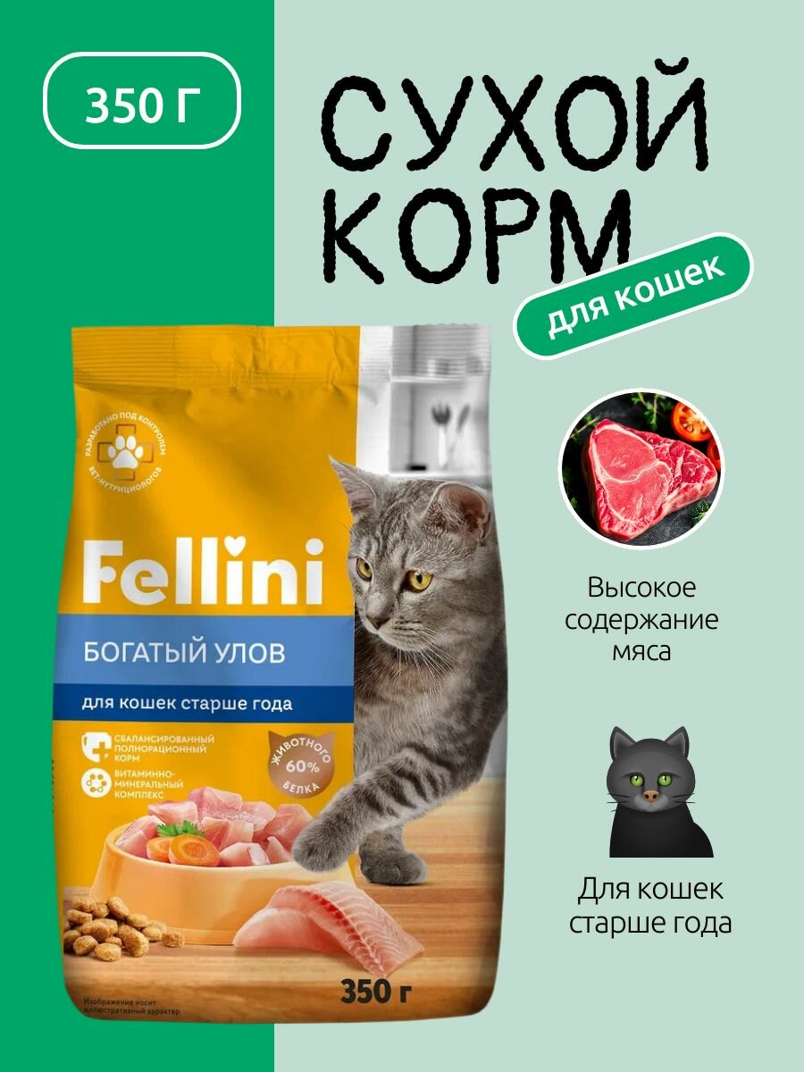 Fellini Корм сухой полнорационный для взрослых кошек богатый улов 0,35 кг