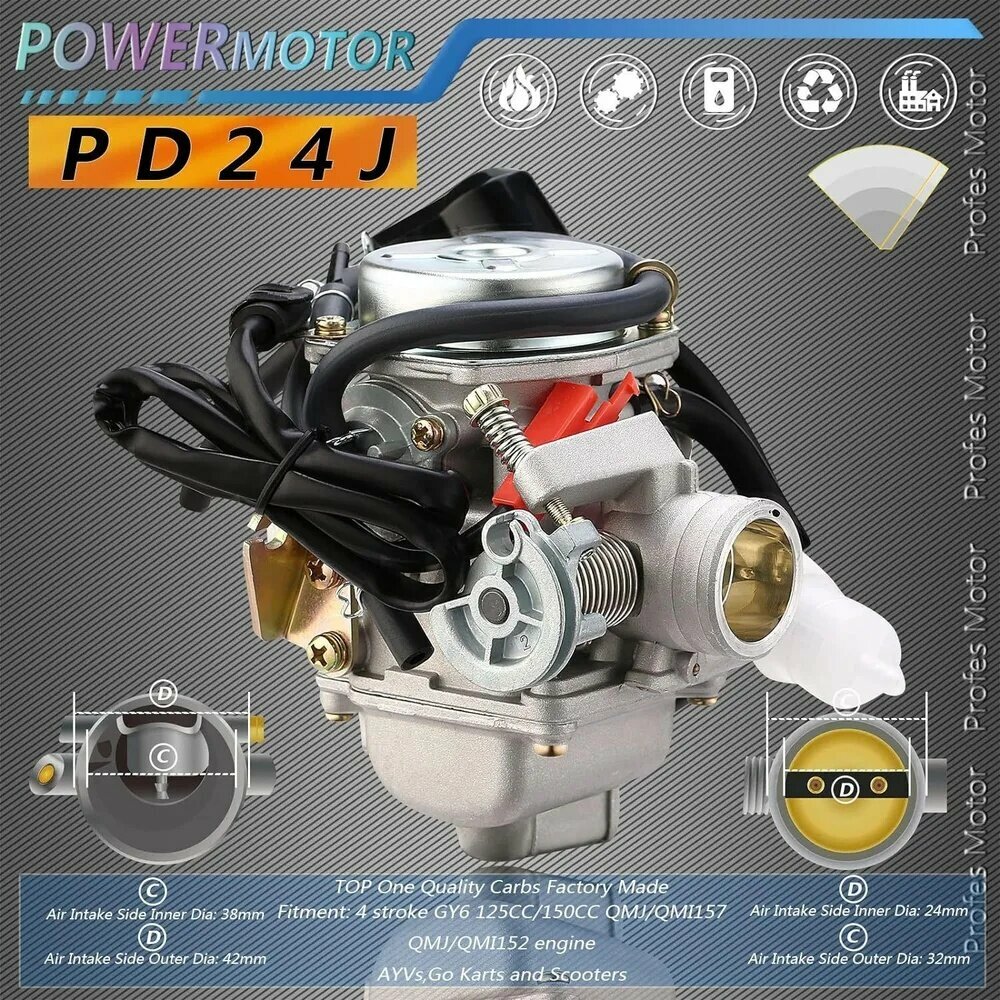 Карбюратор PD24J на мопед скутер квадроцикл 125-150 кубов (d-24мм), 152QMI 157QMJ, с обогатителем, SDTW (KEIHIN)