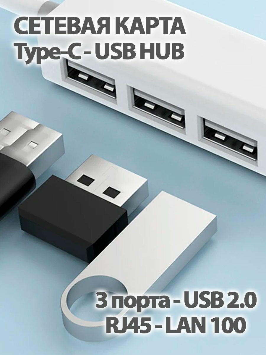 Сетевая карта/адаптер Type-C + USB HUB 3xUSB2.0-LAN100 — фото 1