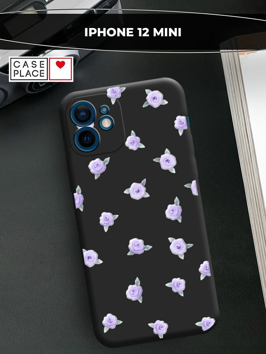 Чехол на Apple iPhone 12 mini / Айфон 12 мини с принтом Фиолетовые тканевые розы паттерн 2
