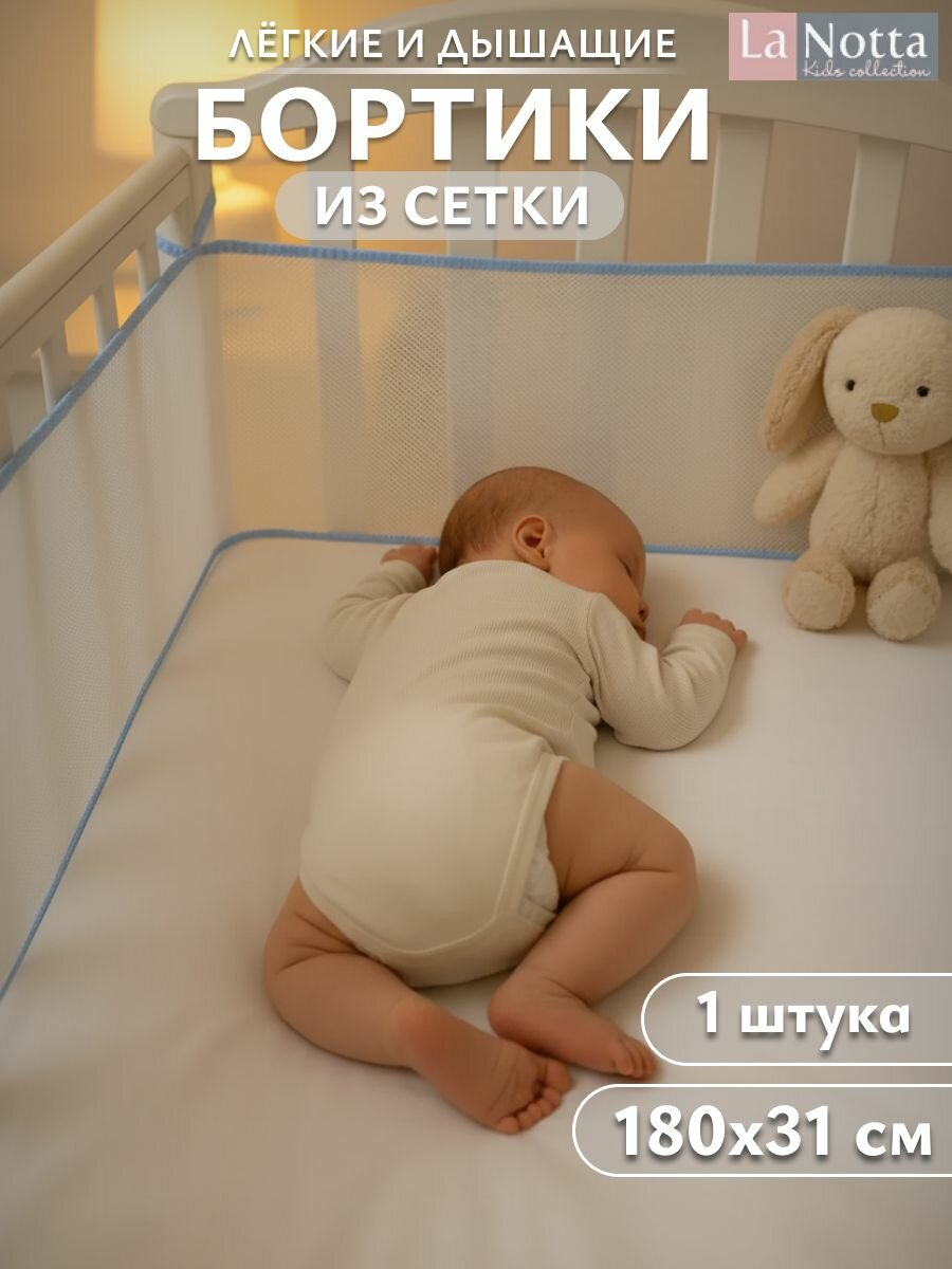 Бортики в кроватку для новорожденных 31х180 сетка, дышащие. Универсальные. На круглую, овальную кроватку. голубые