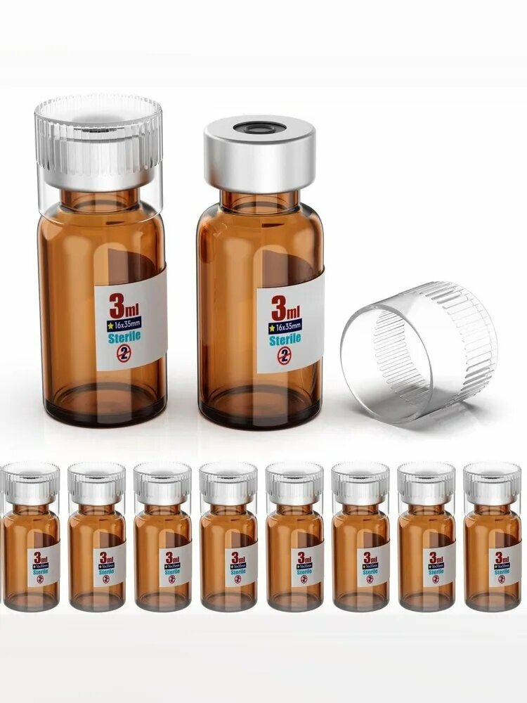 Стерильные пустые флаконы с крышкой для повторного использования и самовосстанавливающимся инъекционным портом 13мм, флаконы из буклированного стекла, 3 мл, 10 шт, янтарного цвета