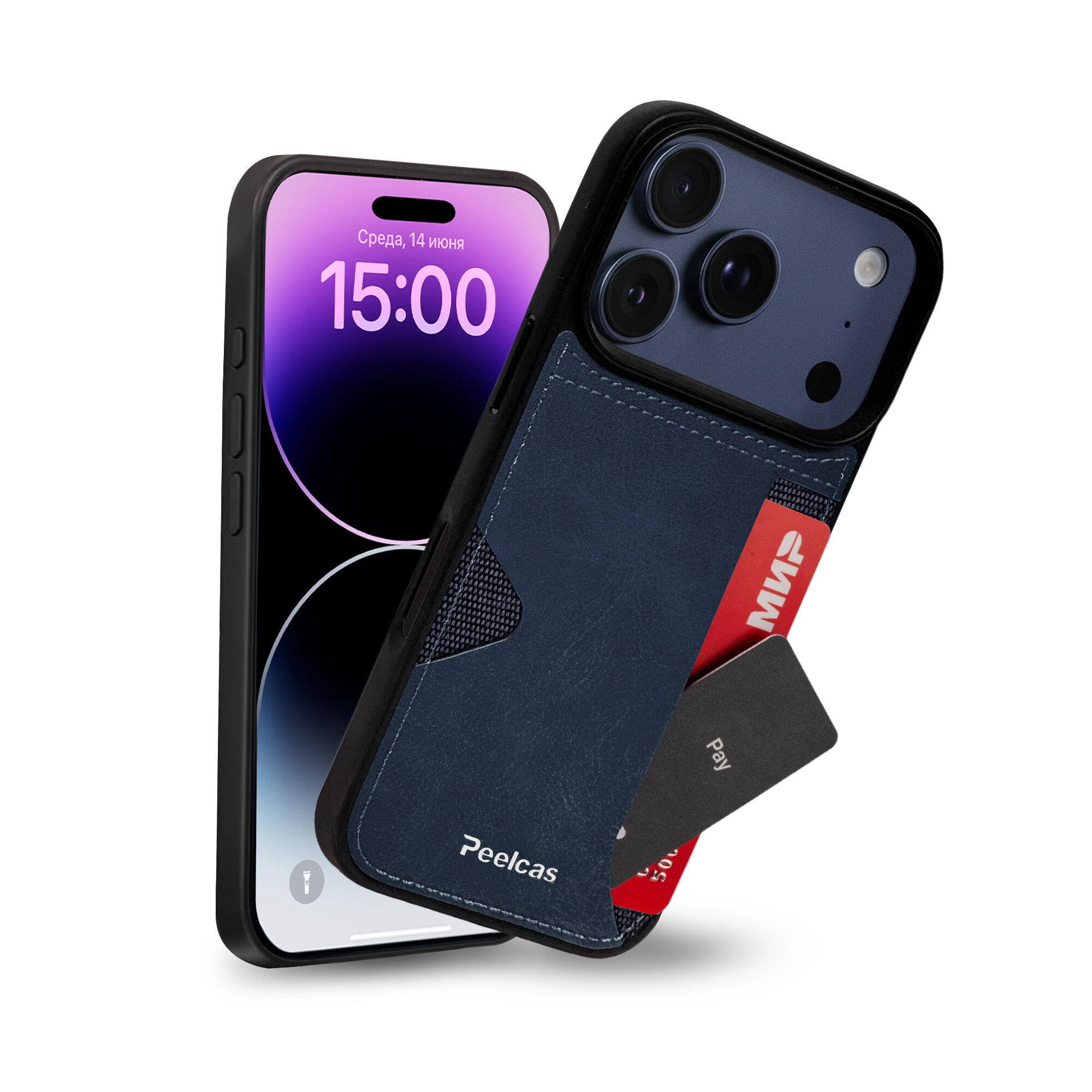 Чехол с карманом для карт на iPhone 17 Pro c защитой камеры / чехол с картой кожаный для Айфон 17 Про с картхолдером / противоударный/цветной