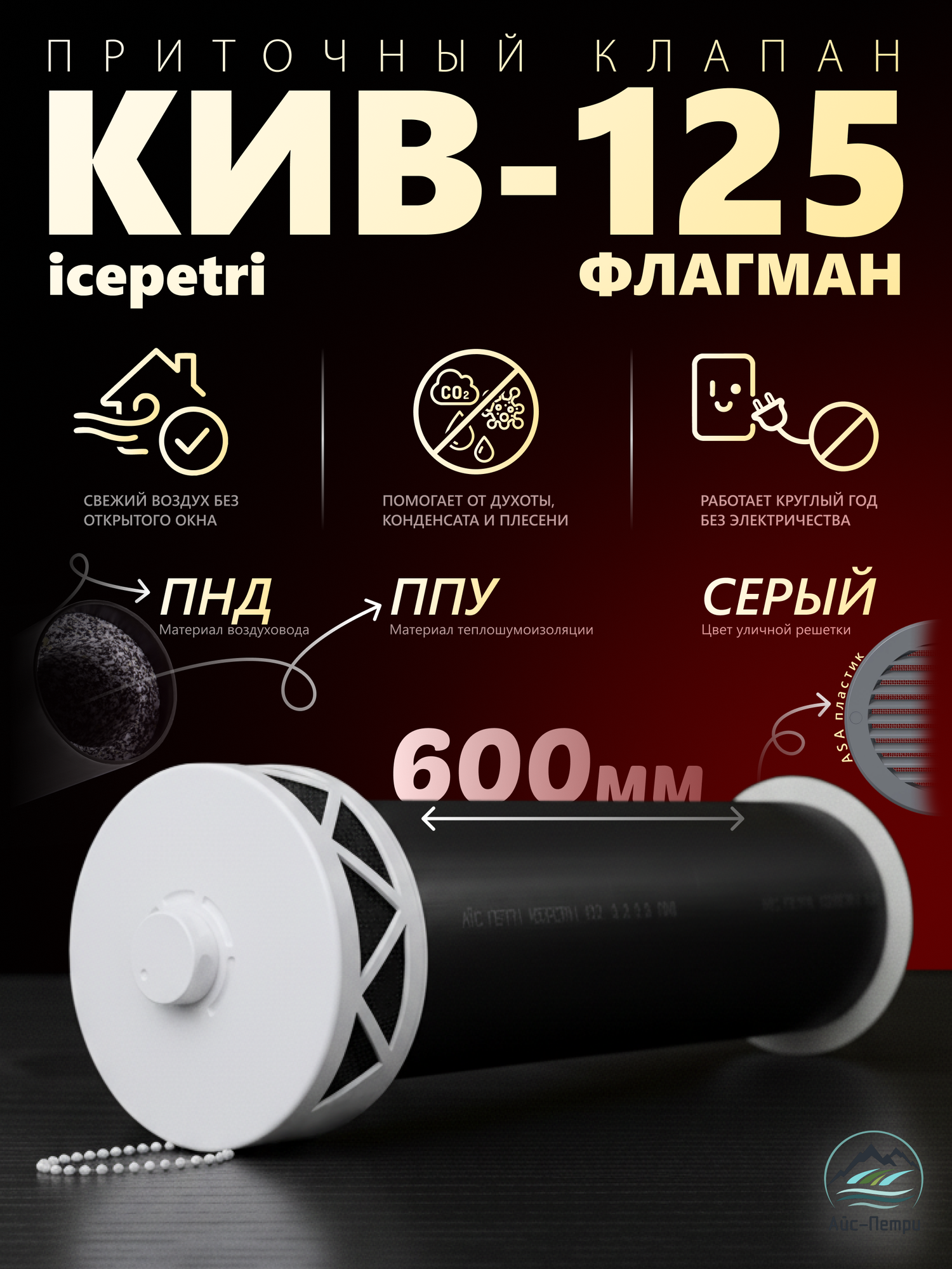 Приточный клапан КИВ-125 флагман 600 ПНД серый