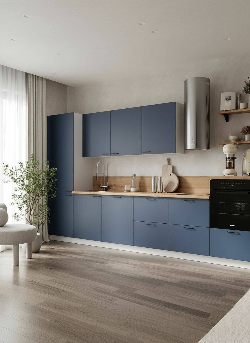 ARNIKA Кухонный гарнитур со столешницей "Дакия" 3,6м х 2,4м, цвет ежевика (синий), фасад пленка ПВХ
