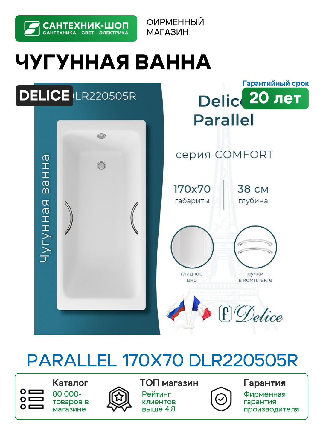 Чугунная ванна Delice Parallel 170x70 DLR220505R с ручками без антискользящего покрытия