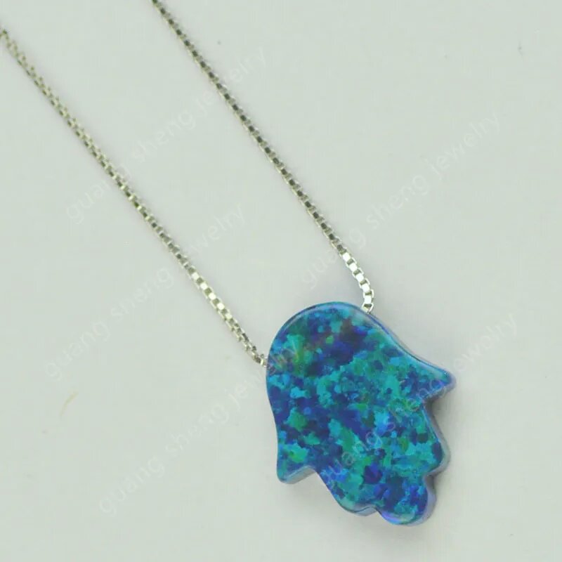 Кулон Хамса из опала с серебряной цепью 45cm White Chain, Blue Green