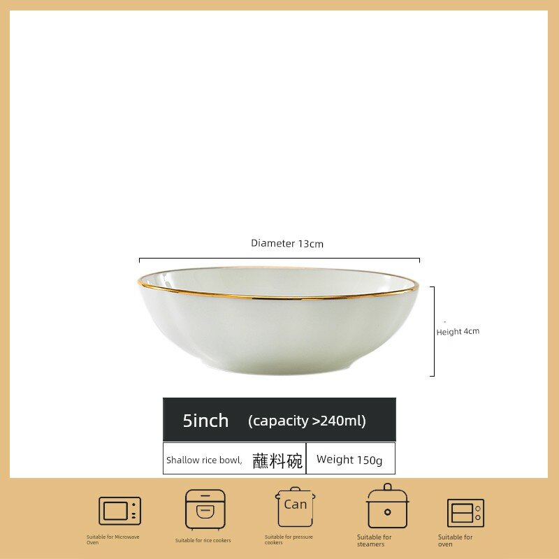 Чаша для риса из костяного фарфора с золотым ободком, большая миска для лапши, фруктового салата, неглубокая миска для