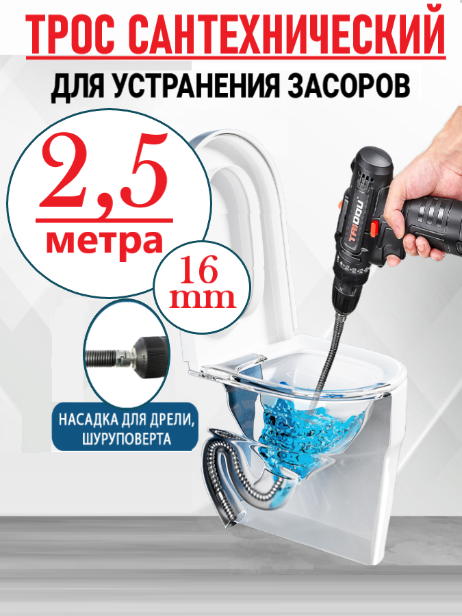 Трос для прочистки канализации Длина 2,5 метра (250 см)