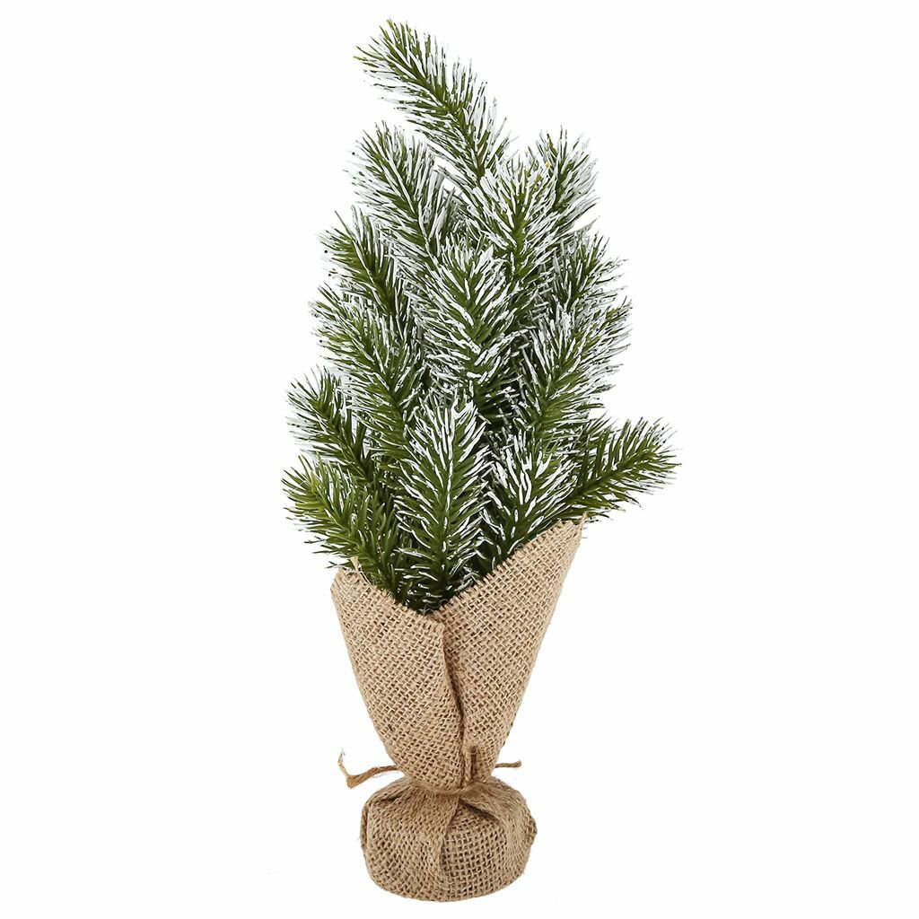 Елка искусственная Домашняя Мода "Снежная", высота 31 см, настольная, на подставке в мешковине, пластик, зеленый/белый (173,41)