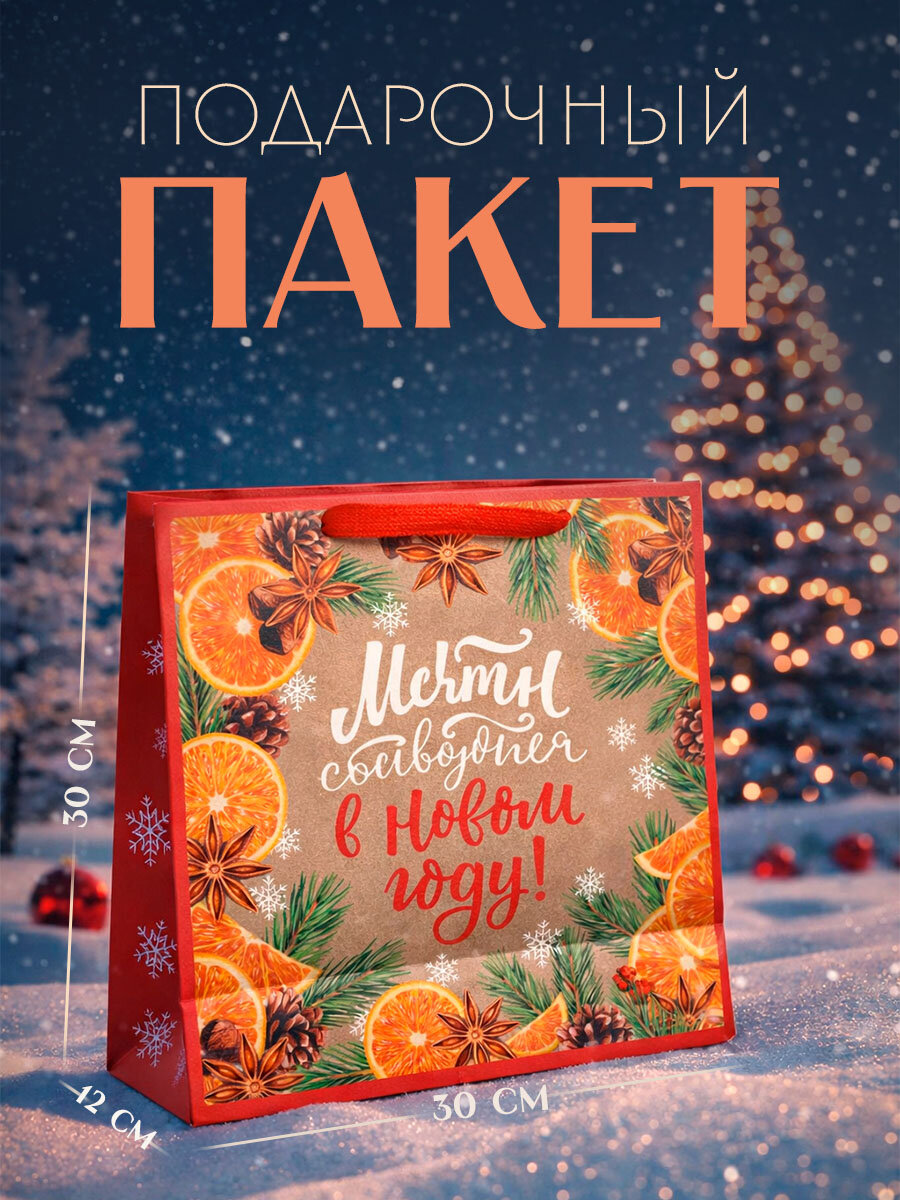 Подарочный пакет «Мечты», 30 х 30 х 12 см, крафт, коричневый, для упаковки подарка на Новый Год