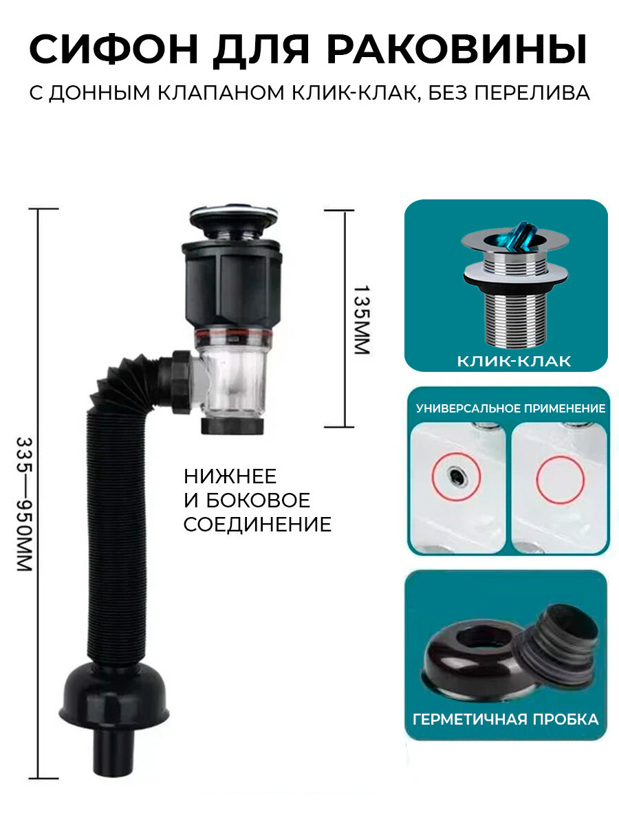 Сифон для раковины с донным клапаном клик-клак, без перелива, черный матовый, универсальный