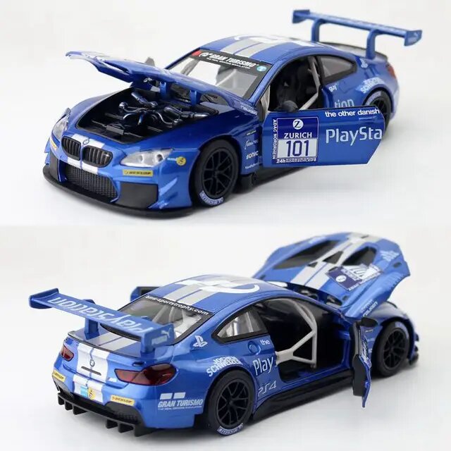 Модель гоночного автомобиля BMW M6 GT3 Super Sports в масштабе 1:24, выполненная из сплава металла, со звуком и светом. Стильный и крутой подарок для коллекционера или любителя автомобилей.