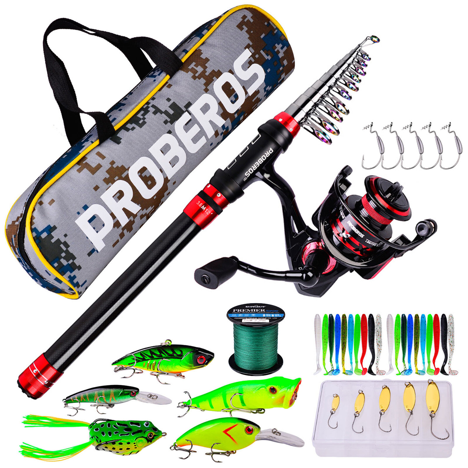 Комплект для рыбалки Telescopic Fishing Rod 1.8м-3.6м + Spinning Reel с Hard Soft Lure, Line, Bag Portable Fishing Set для Travel Fishing из Carbon Fiber, Metal, Plastic в упаковке 43*13.5*10.5см, 50*13.5*10.5см весом 844г, 868г, 957г, 978г, 1060г, 1144г