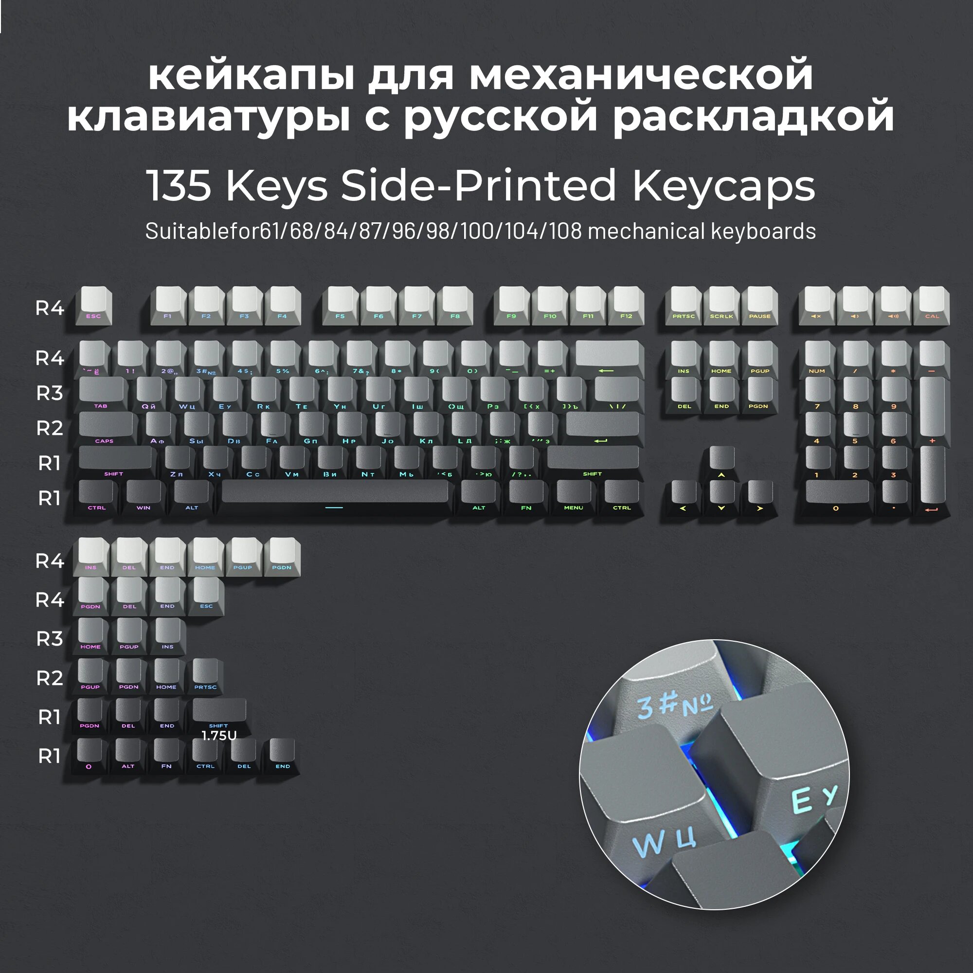 XVX русские колпачки для механической клавиатуры PBT серый вишневый профиль 135 клавиш