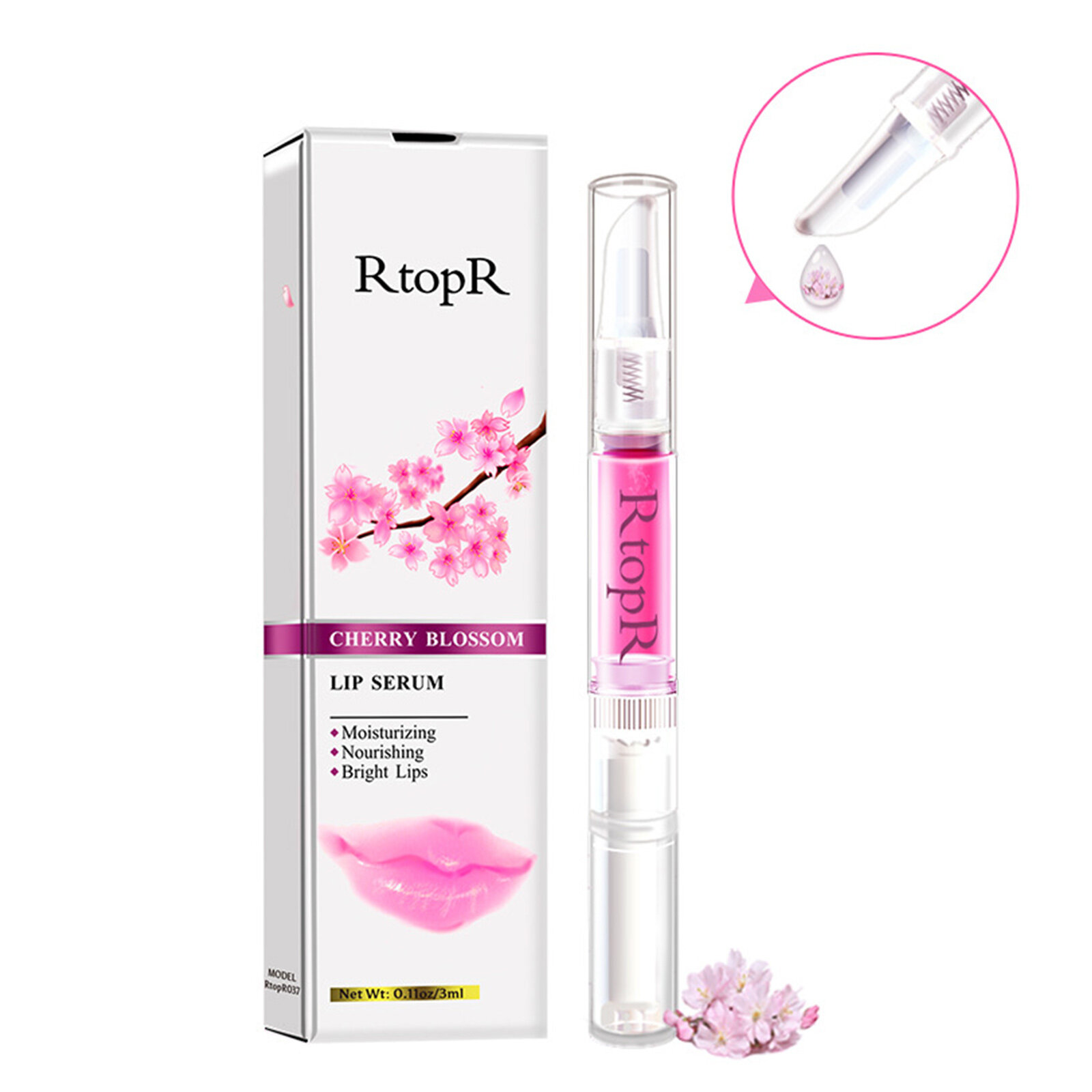 RtopR 3ml Lip Serum Cherry Blossom Essential Oil 12.8*3.6*2.1cm 21g 1 Piece Lip Care Daytime Overnight Before Makeup