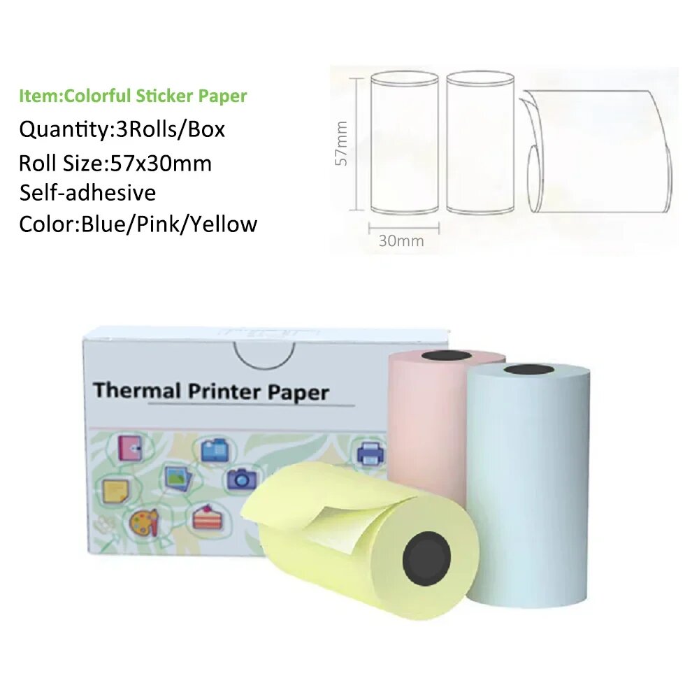 3 рулона фотобумаги QKX для мини-принтера 3PCS Color Sticky