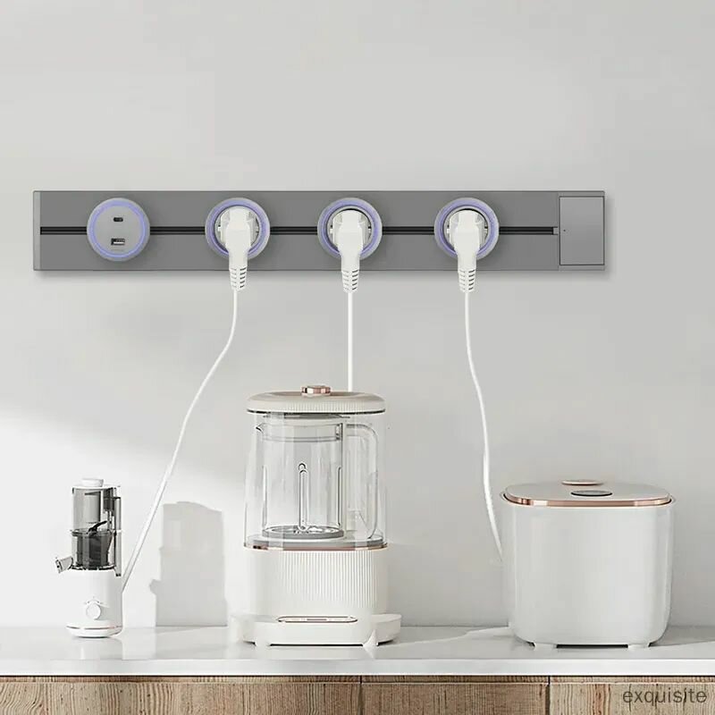 Трековые розетки; Трековая система накладная металлическая шина 60см + 3 EU розетки+2 USB серый