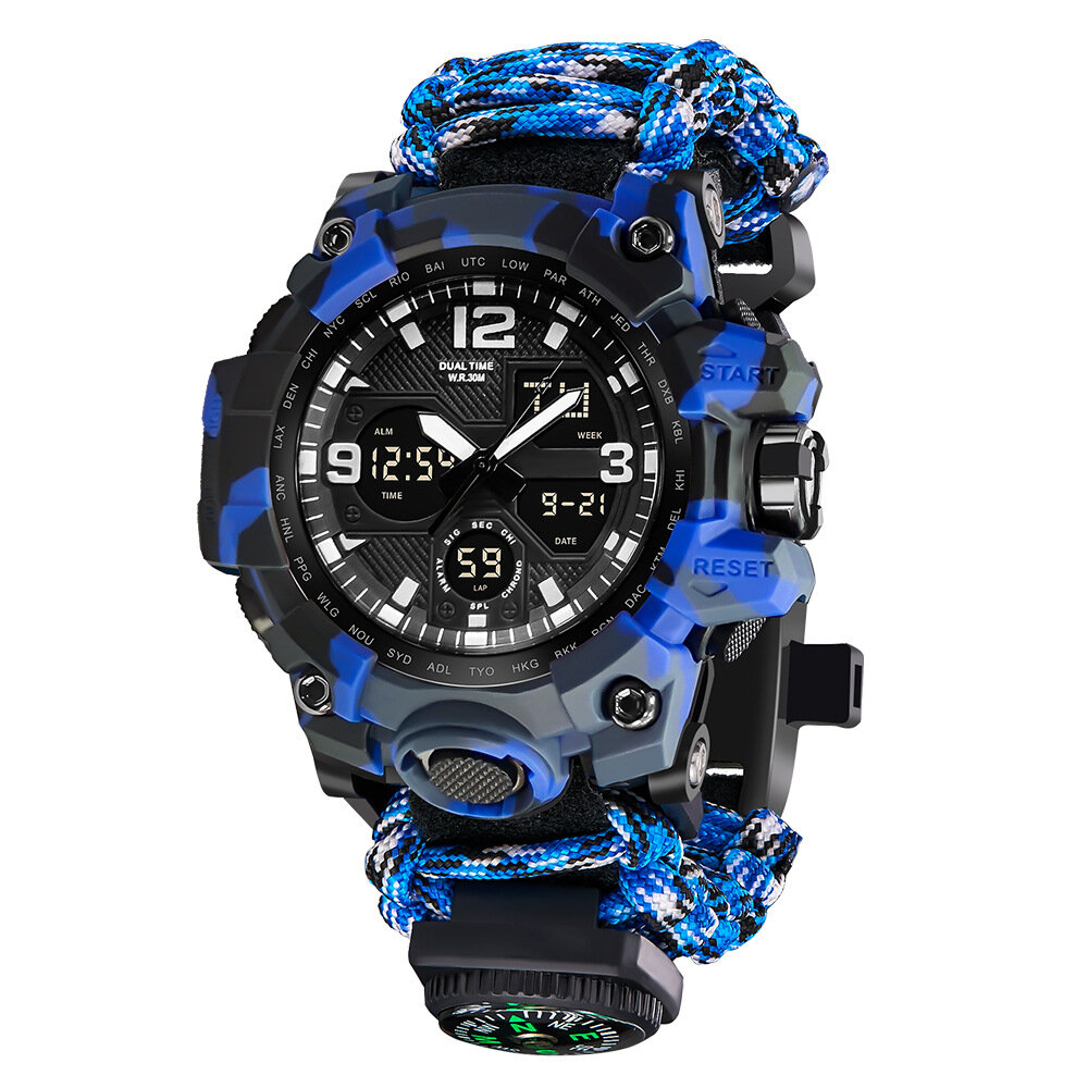 Электронные часы с двойным дисплеем, свисток, огниво, компас, термометр для мужчин, наручные часы для активного отдыха, в наличии, оптовая продажа