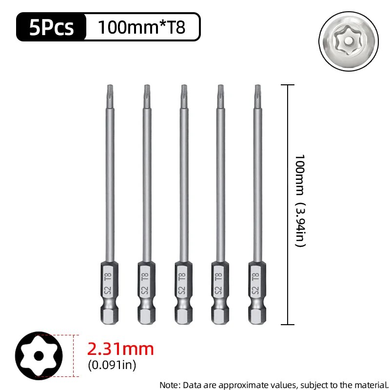 Биты для отверток Torx 100 мм T6-T40, магнитная защитная бита, полая отвертка с цветком сливы, S2, сталь 1/4 дюйма, шестигранные ручные инструменты