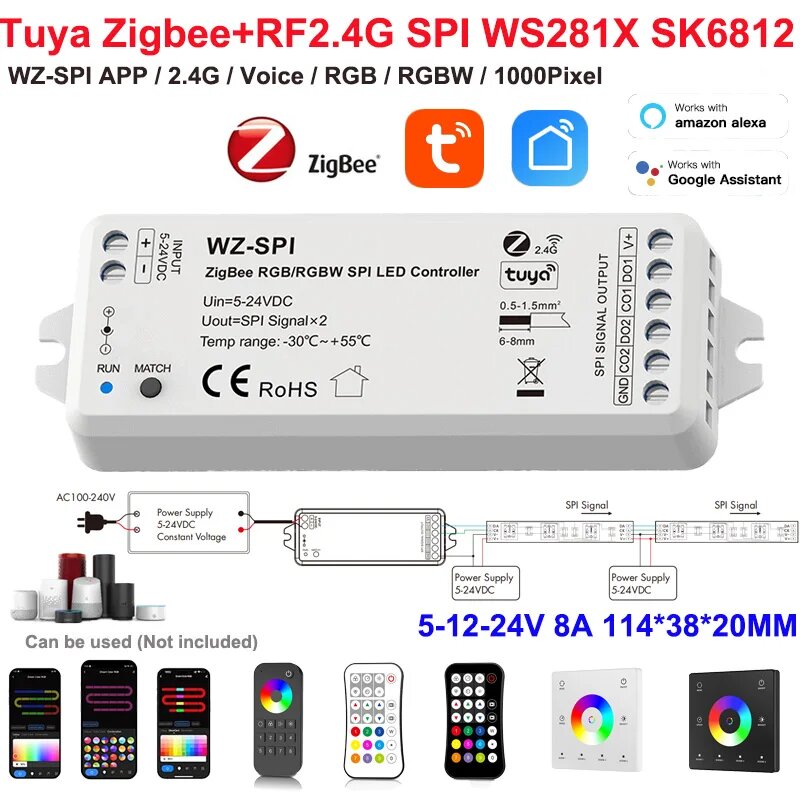 Tuya Zigbee RGB/RGBW SPI LED контроллер 1000Pixel