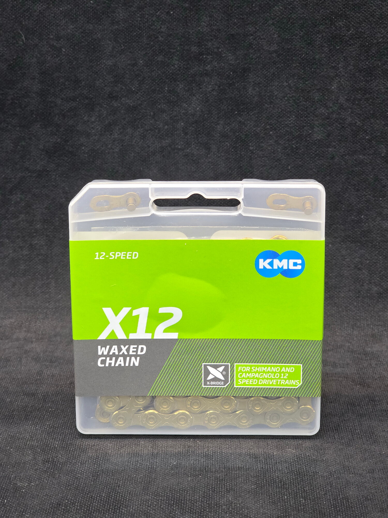 Цепь велосипедная KMC X12 Gold (Ti-n) Waxed, с парафиновой смазкой, 12 скоростей, 126 звеньев, с замочком MissingLink 12/CL552 в комплекте