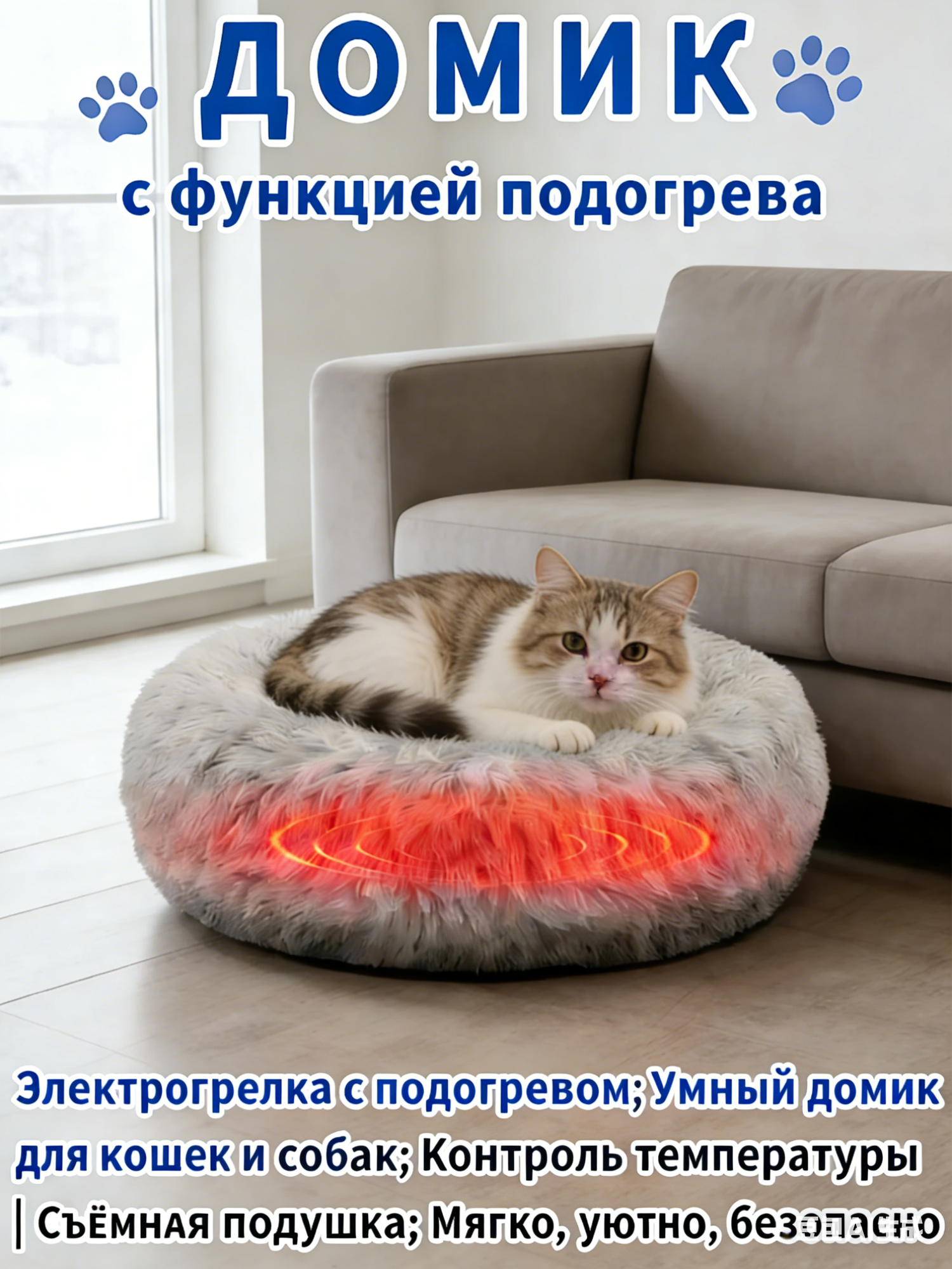 Лежанка для собак и кошек с подогревом 50x50x20см, коврик с подогревом для животных, грелка электрическая，серый