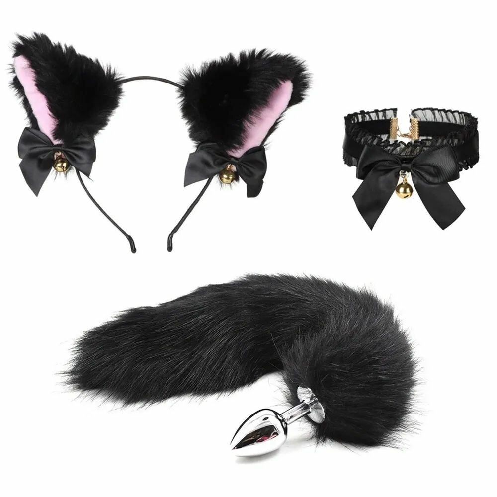 Ручная работа: ушки для головы + ожерелье с колокольчиком + хвост для тематических вечеринок, Черная тройка se