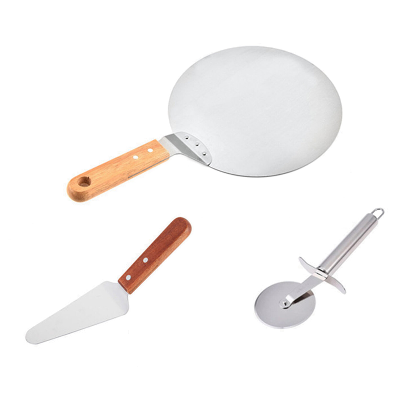 3PCs Набор для пиццы - Стальной Лопатка для пиццы 10 дюймов круглая с деревянной ручкой, Колесо для нарезки пиццы и Лопатка для еды для пиццы, пирога, пирожного, печенья, десерта