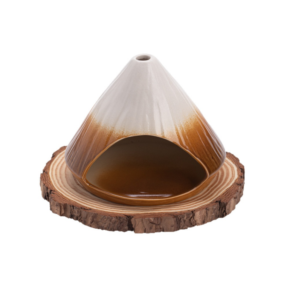 Камин, Камин для благовоний на горе Фудзи，керамика，Градиентный коричневый，Деревянный коврик1PCS