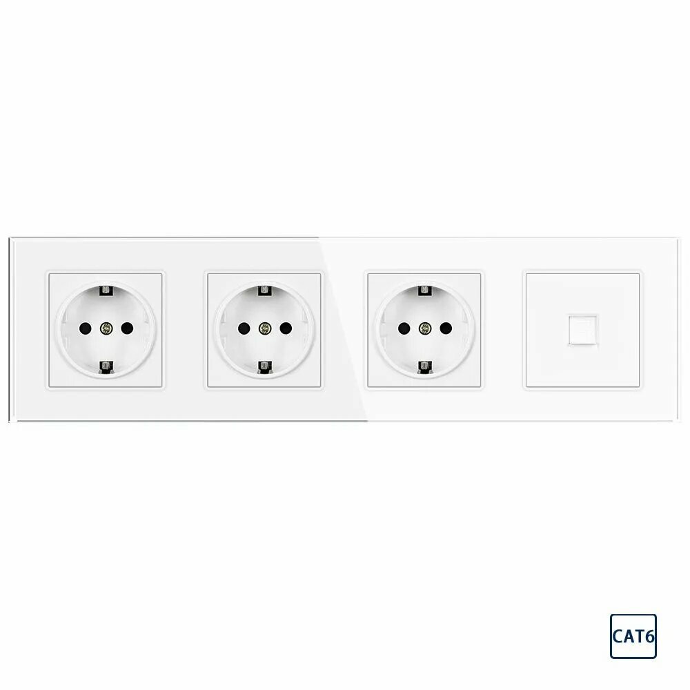 Розетка с заземлением 220В +розетка компьютерная rj45, 4 поста рамка закаленное стекло Белая