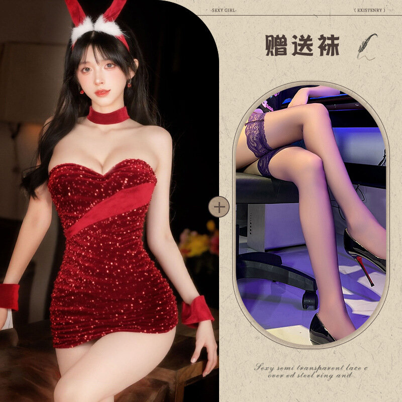 Бархатный эротический костюм девушки-зайчика, сексуальное нижнее белье, униформа, снимать не нужно. Красные + черные чулки.