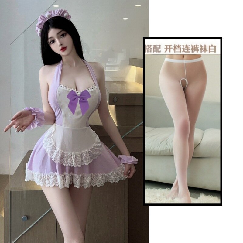 Сексуальное прозрачное милое платье-комбинация для ролевых игр в стиле горничной/горничной с бантом + белые чулки с открытой промежностью