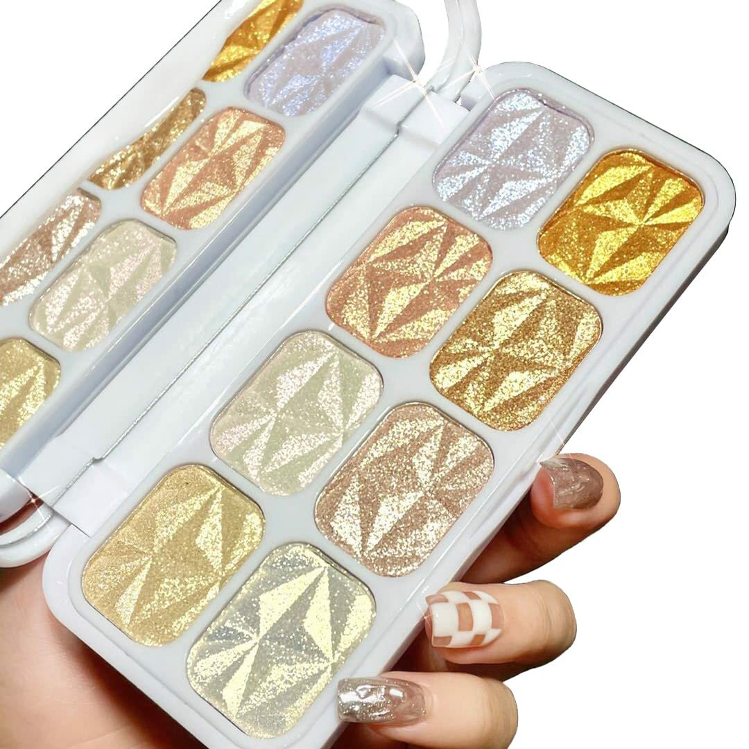 Палетка хайлайтера с сияние и глиттером 8 цветов, Палетка бронзера для лица и тела золотой алмазный, Пудра с высоким пигментом блестящая, Люминизатор для формы и обрезки подчеркнуть, Вес упаковки 3.5 унции, Тип кожи все, Упаковка подарочная коробка /