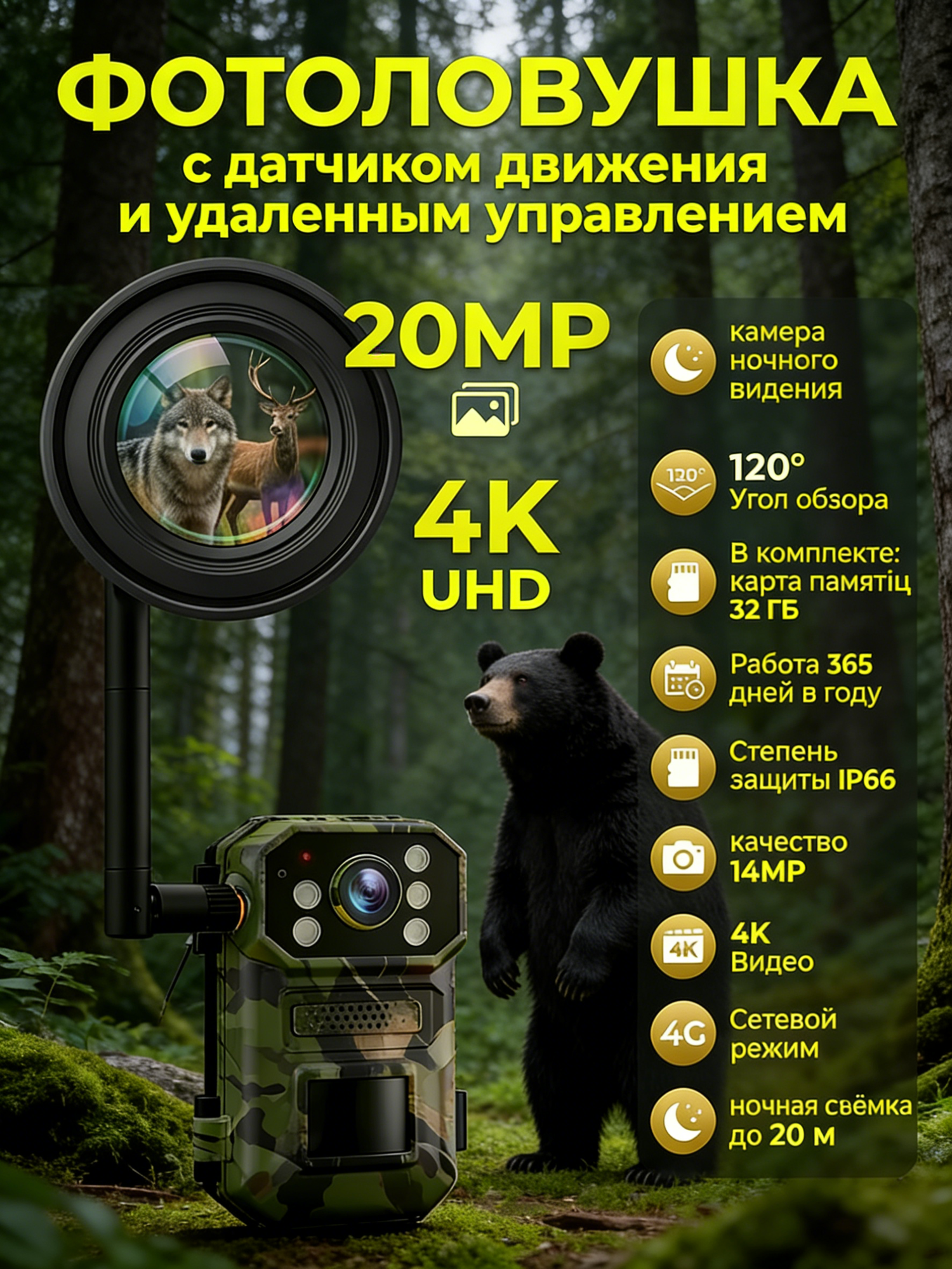 Фотоловушка, ночное видение, сим-карта, высокая четкость, водонепроницаемая, пылезащитная