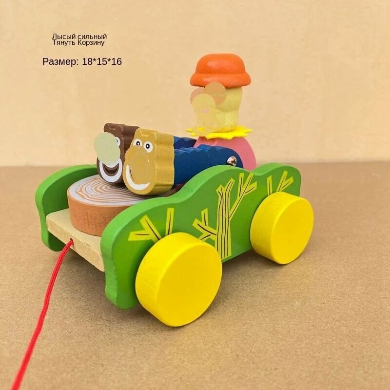 Игрушки-каталки деревянная игрушка-тележка «Лысик» на шнурке, барабан со звуком, 18×15×16 см, 1+