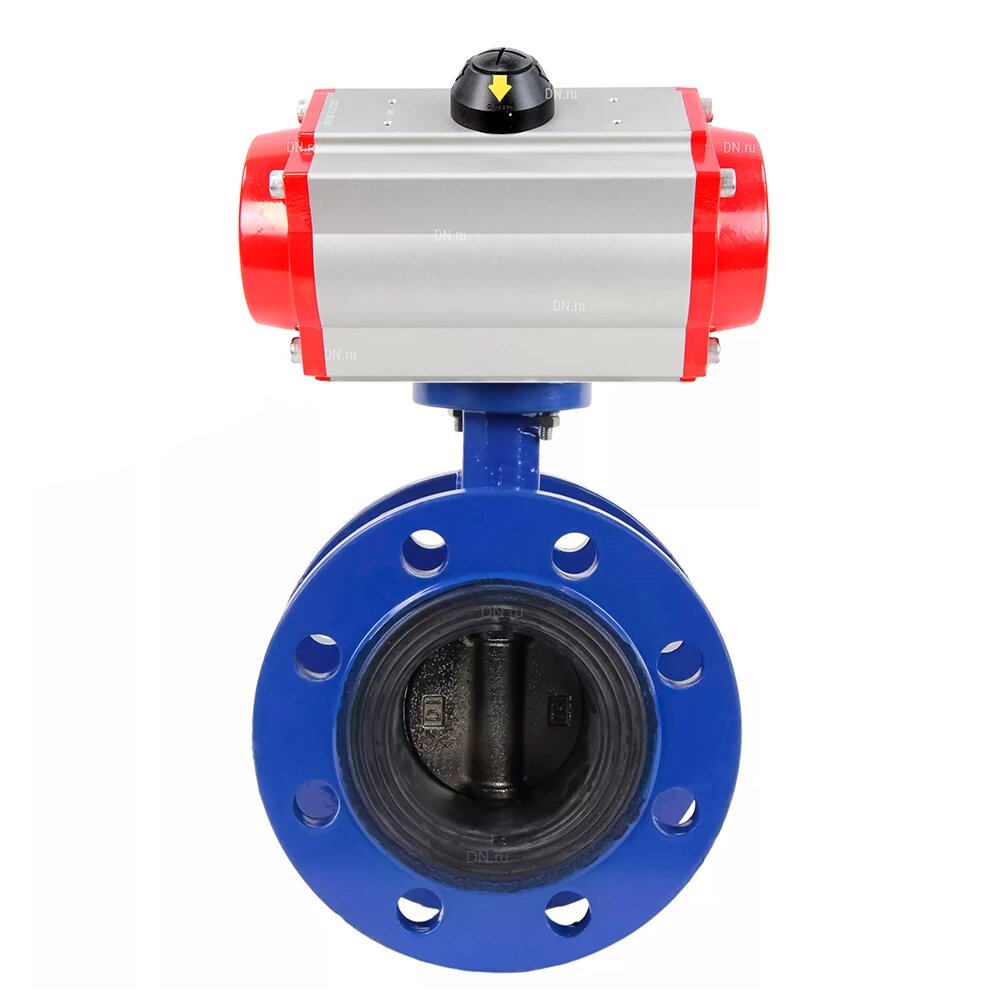 Затвор дисковый поворотный DN.ru GGG40-304-EPDM-2W-F-H Ду65 Ру16 фланцевый, корпус - чугун GGG40, диск - нержавеющая сталь 304, уплотнение - EPDM, с пневмоприводом DN. ru DA-105 двойного действия