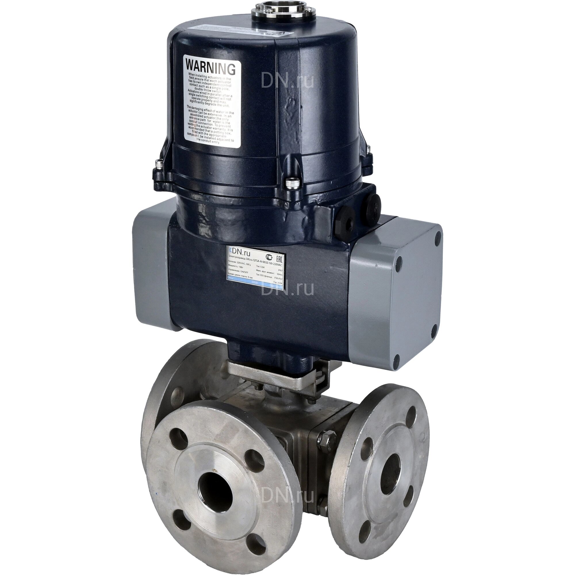 Кран шаровой DN.ru 316-316-PTFE L-тип Ду40 Ру16 полнопроходной трехходовой, фланцевый, корпус - нержавеющая сталь SS316, уплотнение - PTFE, с электроприводом четвертьоборотным DN.ru ЭПВП-005 220В с пружинным возвратом