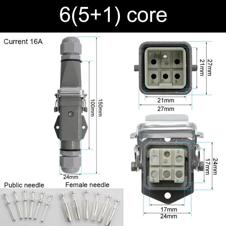 Водонепроницаемый разъем HDC-HA 4, 5, 6, 8-контактный 250В 6 pins 16A