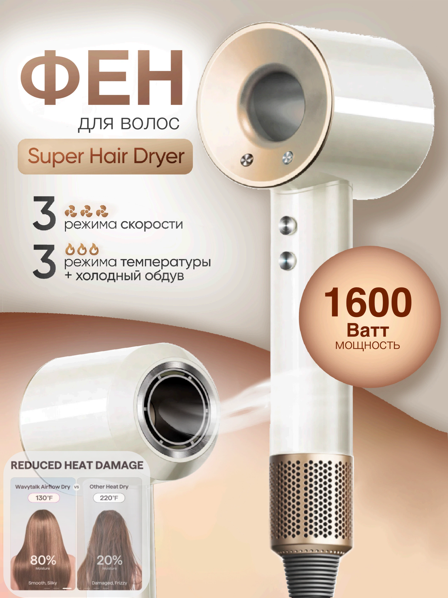 Фен для волос 1600 Вт, с 1 насадками 3 температурных режима, 3 скоростных режима， стайлер для волос