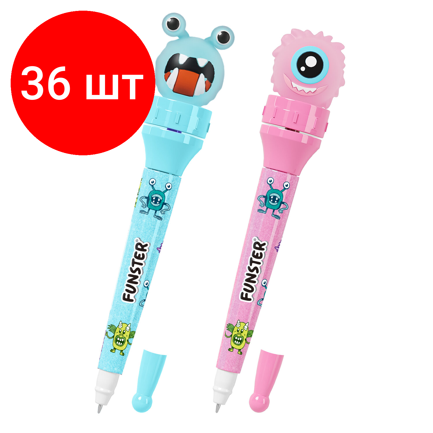 Комплект 36 шт, Ручка-спиннер с топпером шариковая FUNSTER "MONSTERS", синяя, ассорти, пишущий узел 0.7 мм, линия письма 0.35 мм, 144381