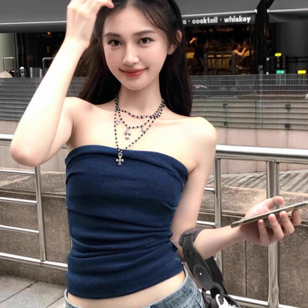 Американский стиль, острая девушка, синий безрукавный жилет, майка, женское нижнее белье, чистое желание, сексуальный топ, летняя верхняя одежда, базовая рубашка