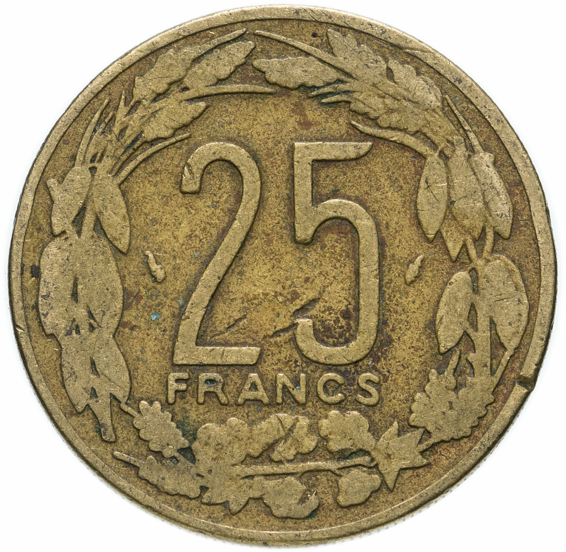 Центральная Африка BEAC 25 франков francs 1990, Бронза, в сохранности VF