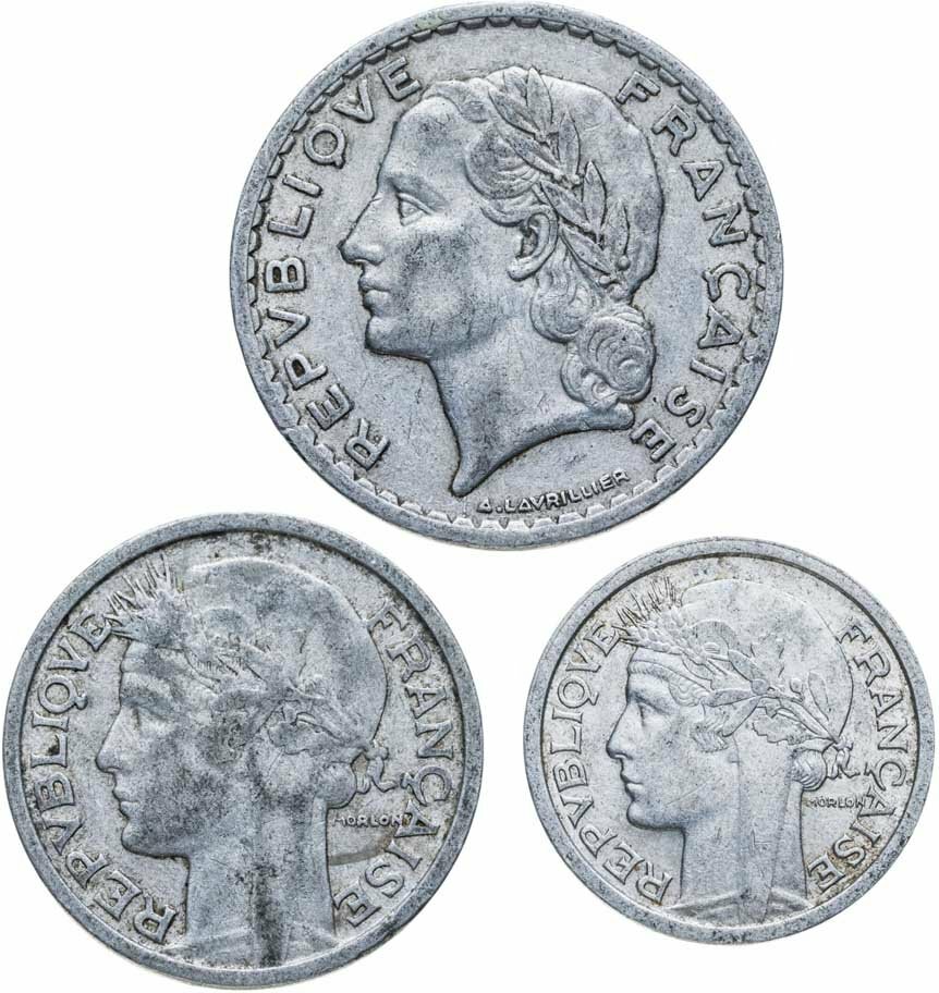 Франция 5 2 1 франк 1944-1948 набор из 3-х монет, Алюминий, в сохранности XF